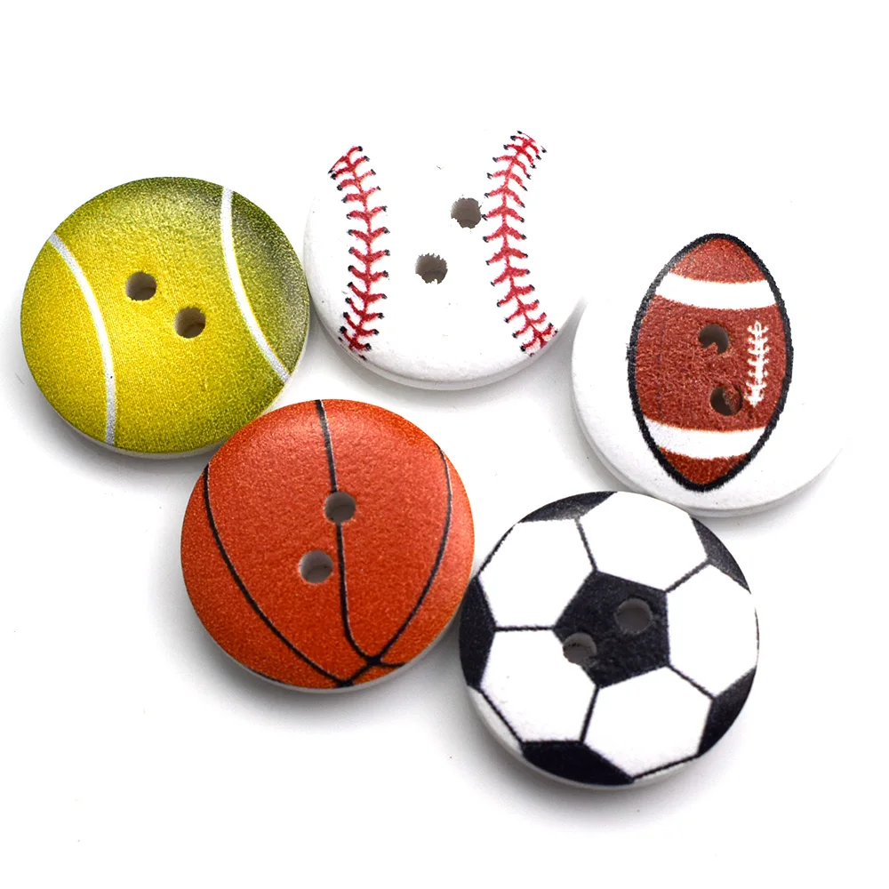 2 Holes Mixed Round Wood Buttons Printed Ball Sports Decorative Button ...