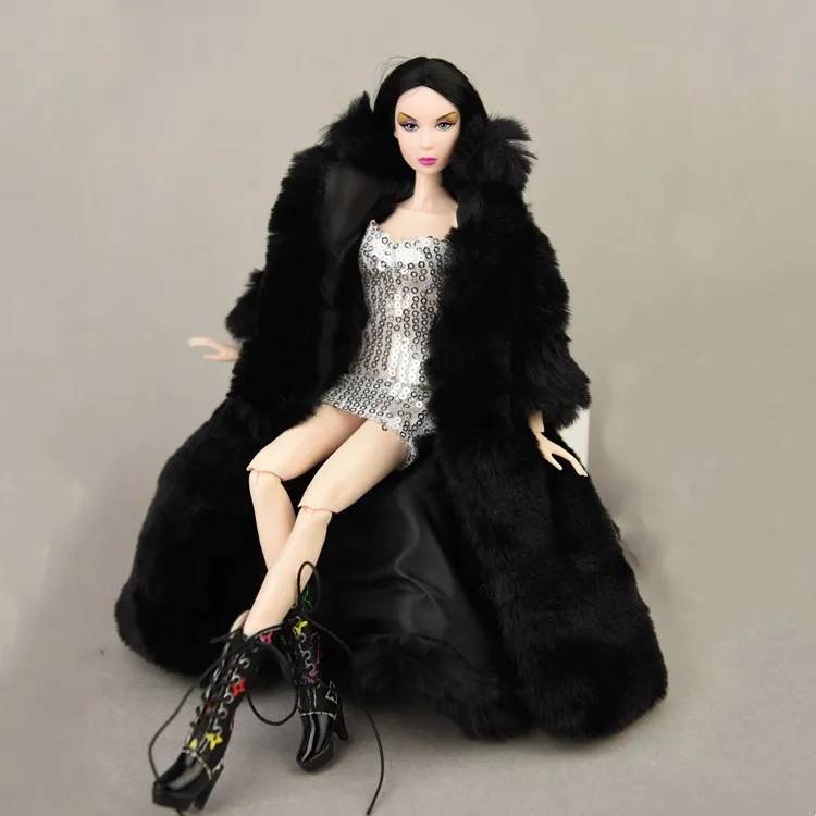 Long Barbie Black Dress | Barbie Doll Fur Coat | Barbie Clothes Black ...