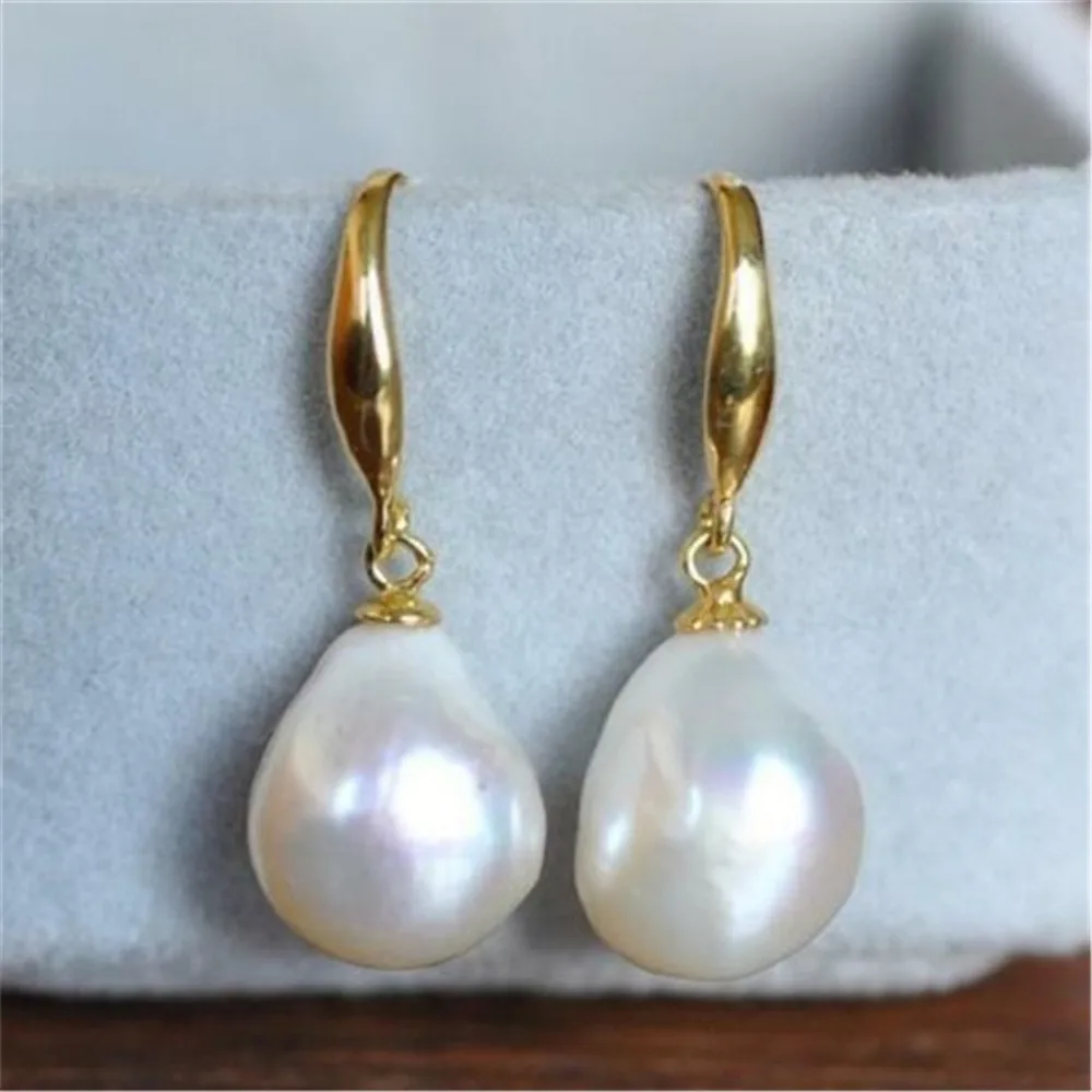 10-12mm Natural White Baroque Pearl Earrings 18k Dangle Hook Wedding ...