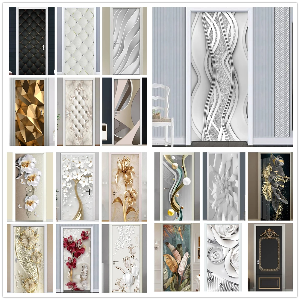Pvc Door Sticker Modern 3d Abstract Fashion Line Silver Pearl Wallpaper ...