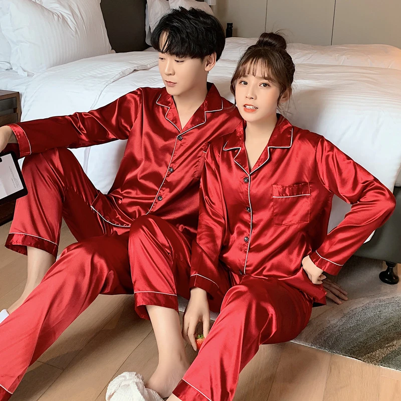 Solid Color Sleepwear Silk Satin Pajamas Couple Set Long Button-down ...