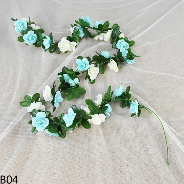 2.4m Artificial Silk Roses Flowers Rattan String Vine with Green Leaves ...