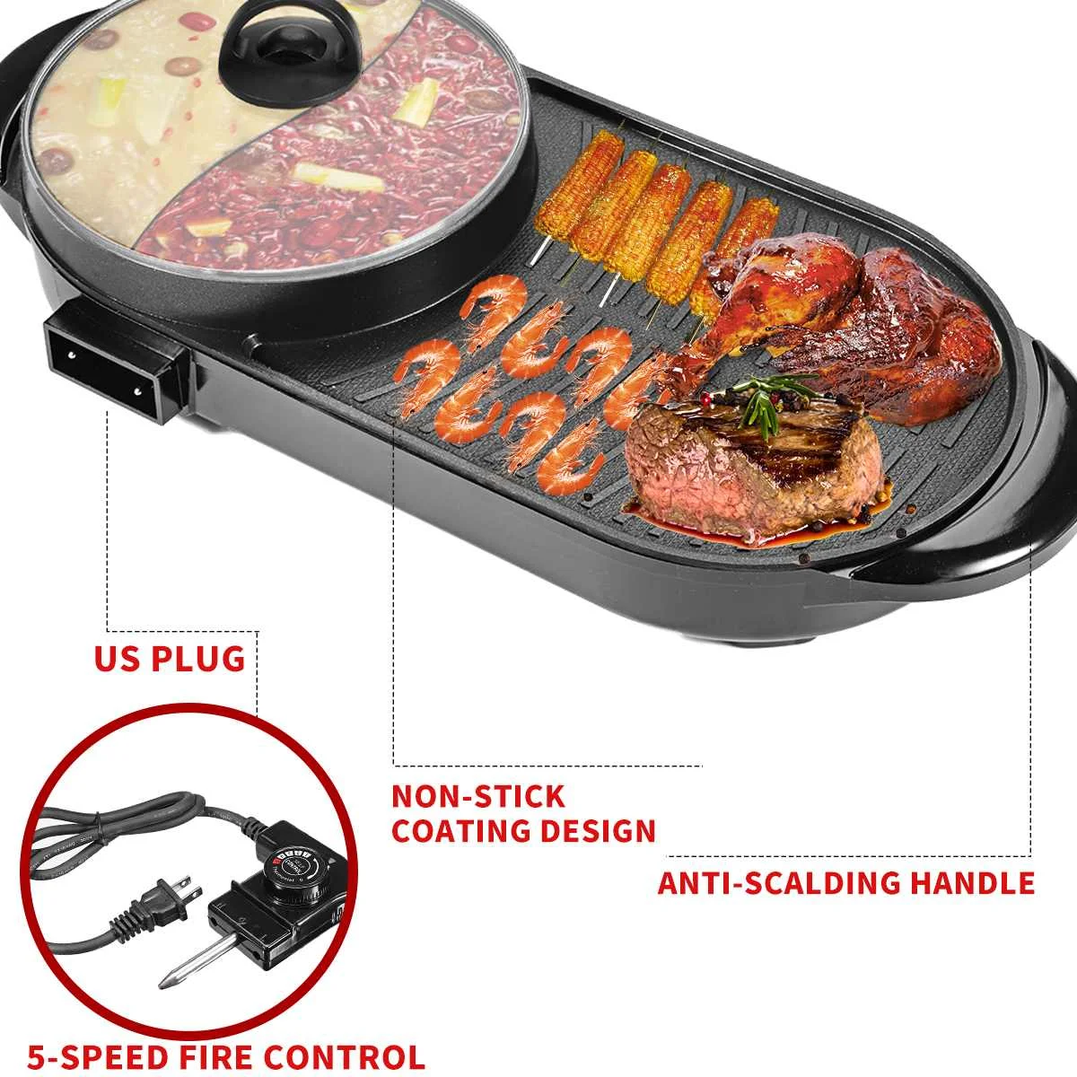 2 In 1 2000W Electric Grill Hot Pot Barbecue Multifunction Buffet Hot ...