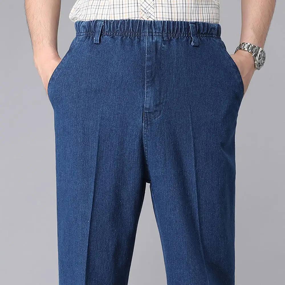 Men-s-Jeans-Solid-Elastic-Belt-Drawstring-Straight-Sleeve-Denim-Pants ...