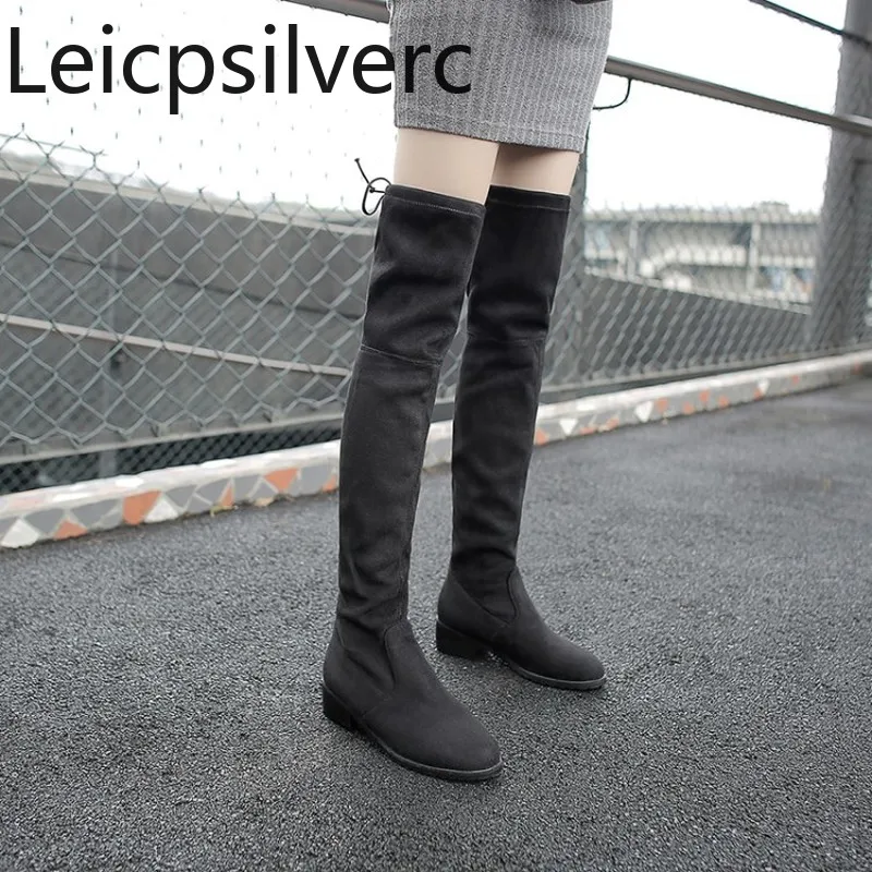 Женские сапоги новые зимние модные женские сапоги выше колена на низком каблуке с круглым