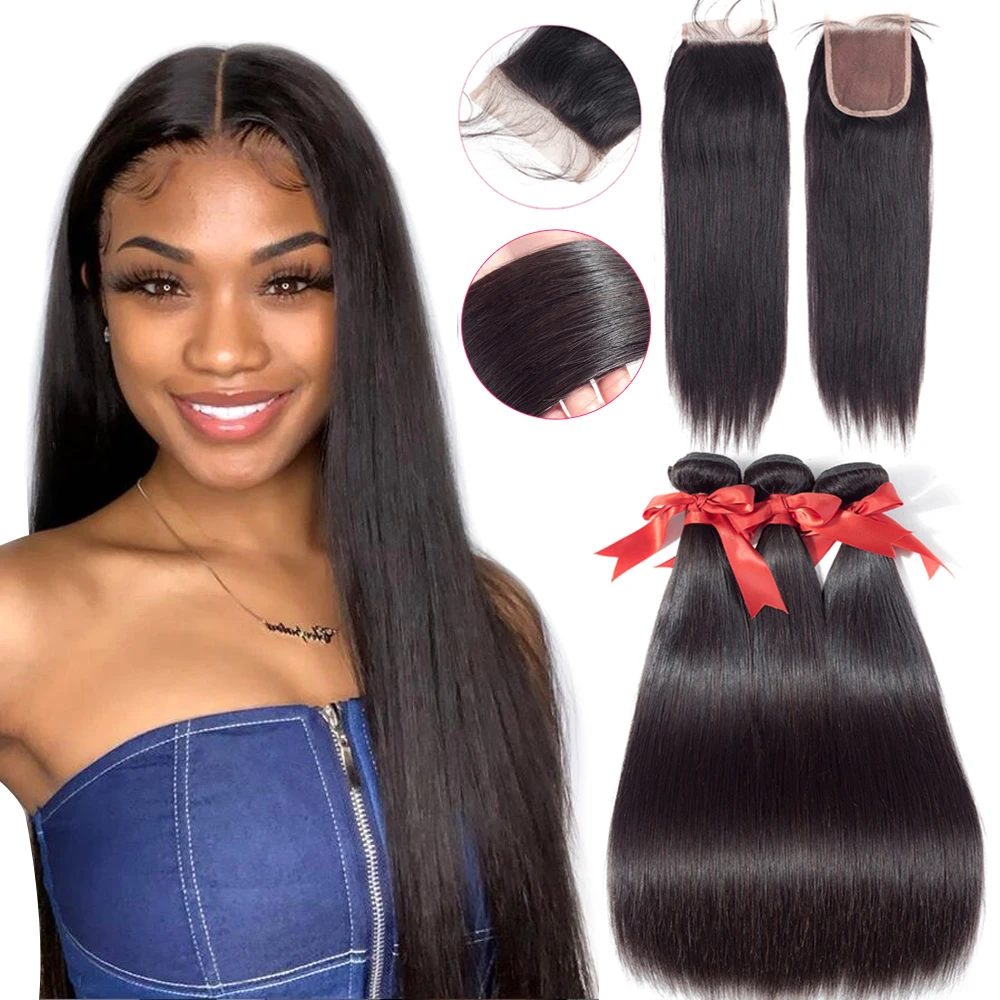Beaudiva Straight Bundles With Closure 4x4 Brazilian Hair Weave Bundles ...