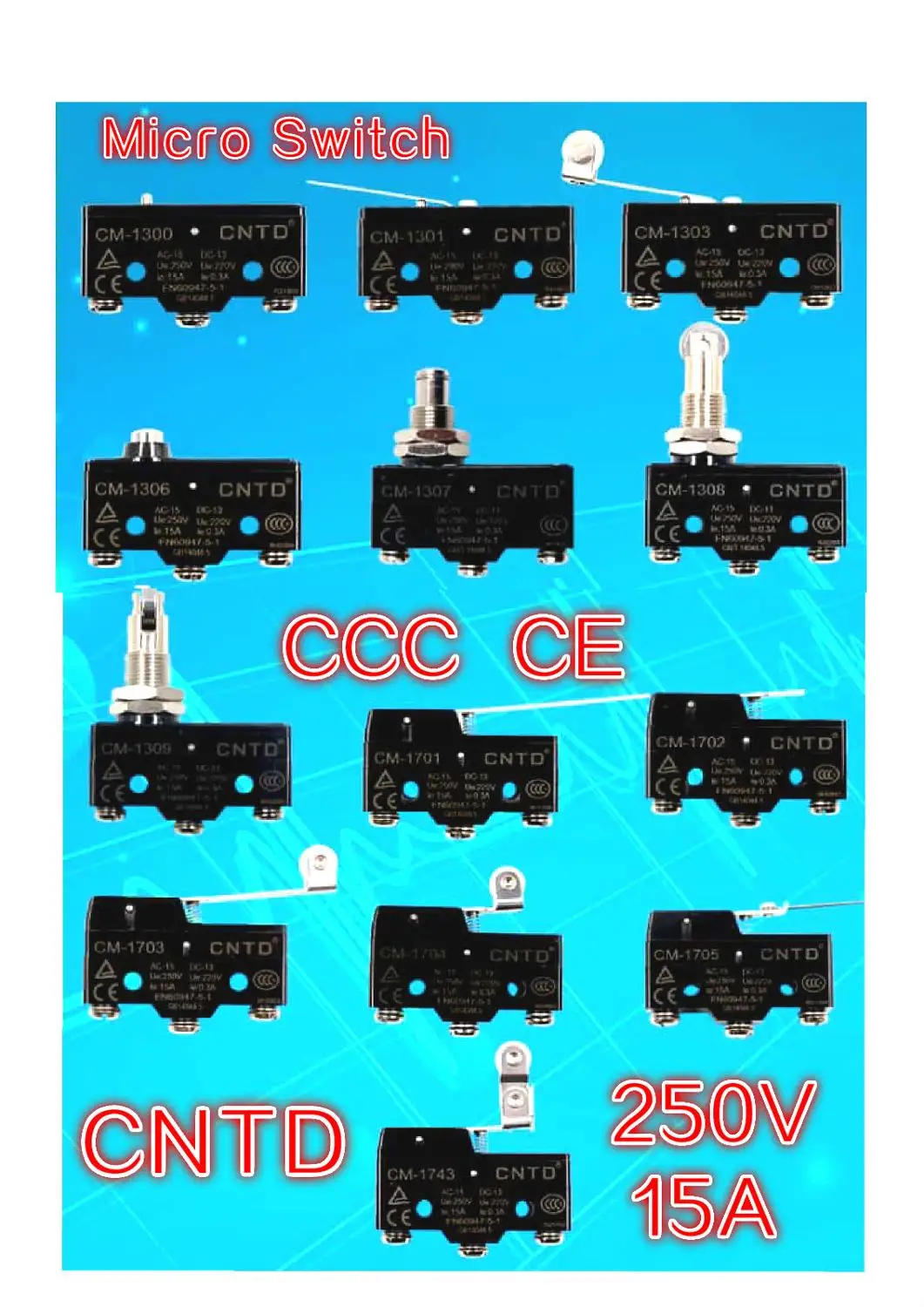 CNTD CM-1307 CM1701 1704 1308 1307 1703 1303 1300 1309 AC 250V 15A SPDT Momentary High Push ...