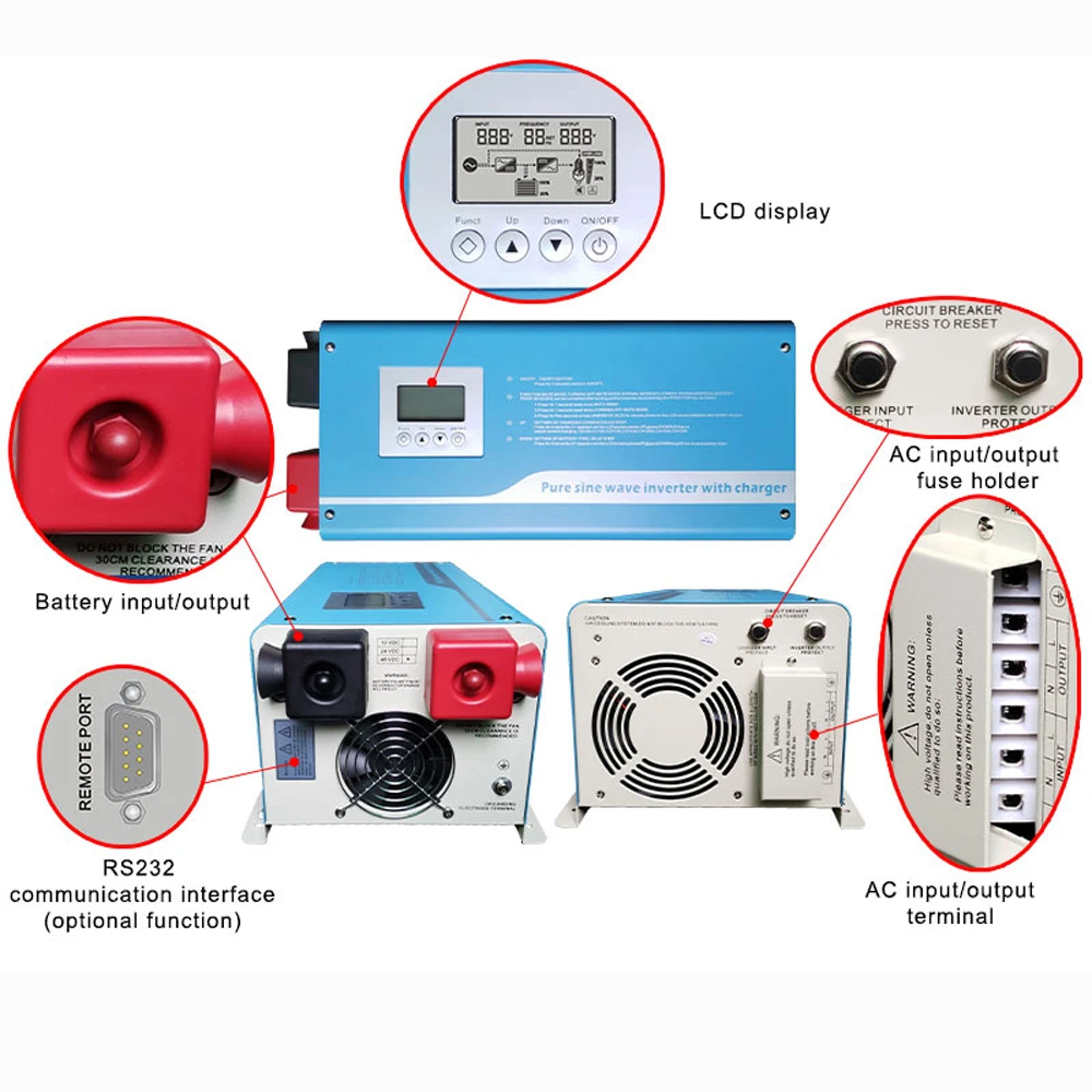 순수 정현파 dc ac 태양광 인버터 컨버터, 2000W/2KW, DC 12V 24V 48V AC 220V, 태양광 가정 전력 ...