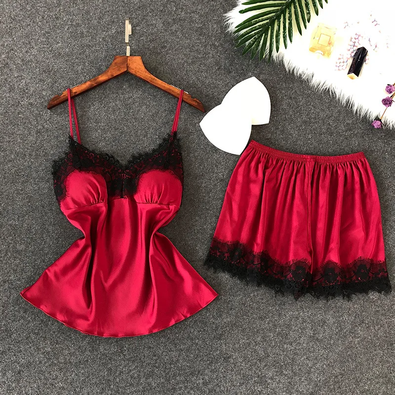 Sexy-Women-Lace-Backless-Pajamas-Sets-Faux-Silk-Deep-V-neck-2PCS-Sleep ...