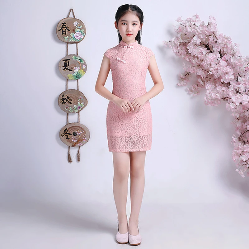 Summer Lovely Girls Short Sleeve Lace cheongsam Dress Cute Princess ...