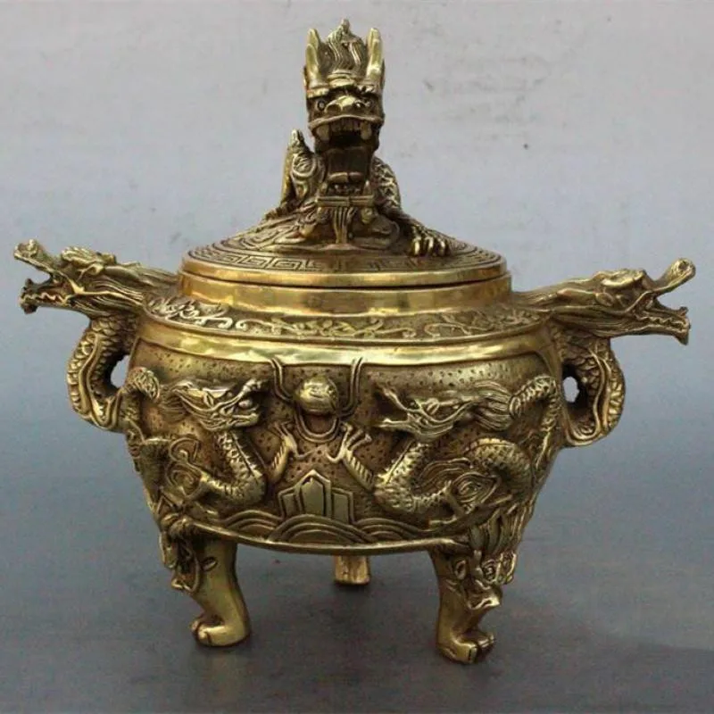 China Vintage Brass Relief Carved Dragon Statue Incense Burner/censer ...