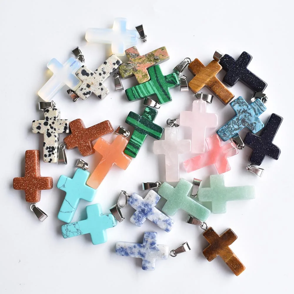 Fashion hot sell natural stone mixed color assort cross pendants Charms ...