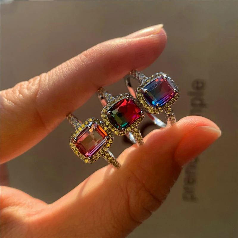 Ring 925 Silver Rainbow Stones Zircon | Rainbow Zircon Ring 7 Stone ...