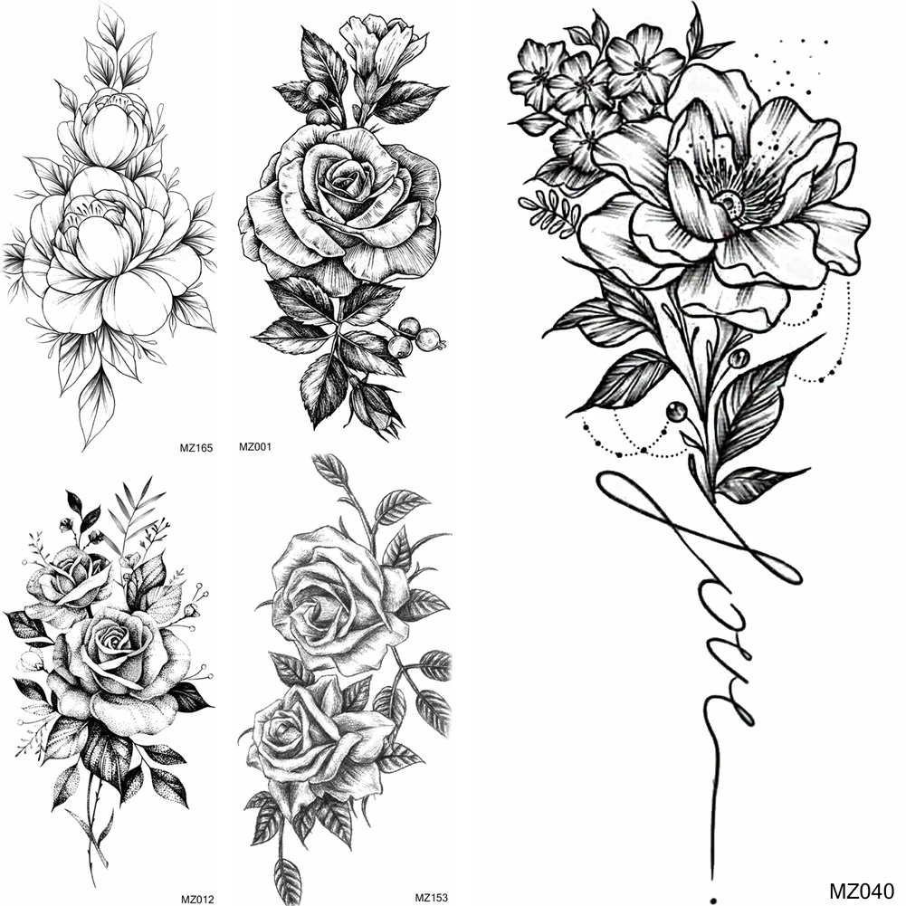 큰 장미 모란 꽃 소녀 여성을 위한 임시 문신 방수 검은 문신 스티커 가짜 꽃 잎 레이디 어깨 문신임시 문신