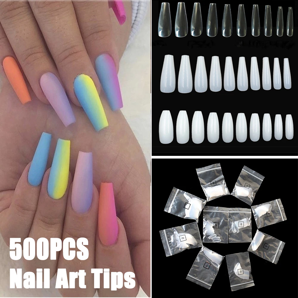 500 Pcs Long Ballerina Flase Nail Art Tips White/Clear/Natural Coffin ...