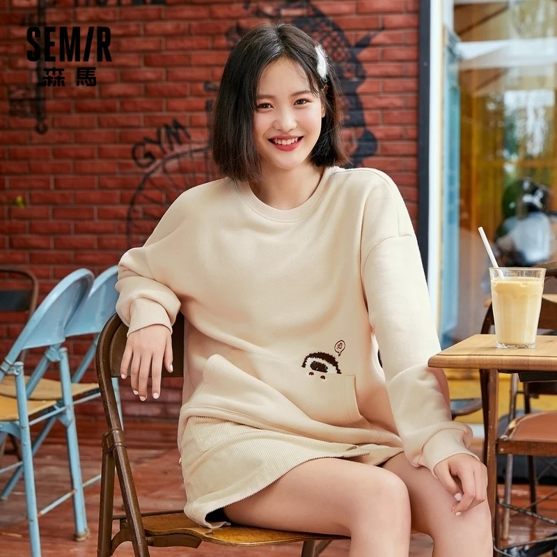 Semir Plus Velvet Sweatshirt Women 2021 New Autumn O Neck Drop Shoulder ...