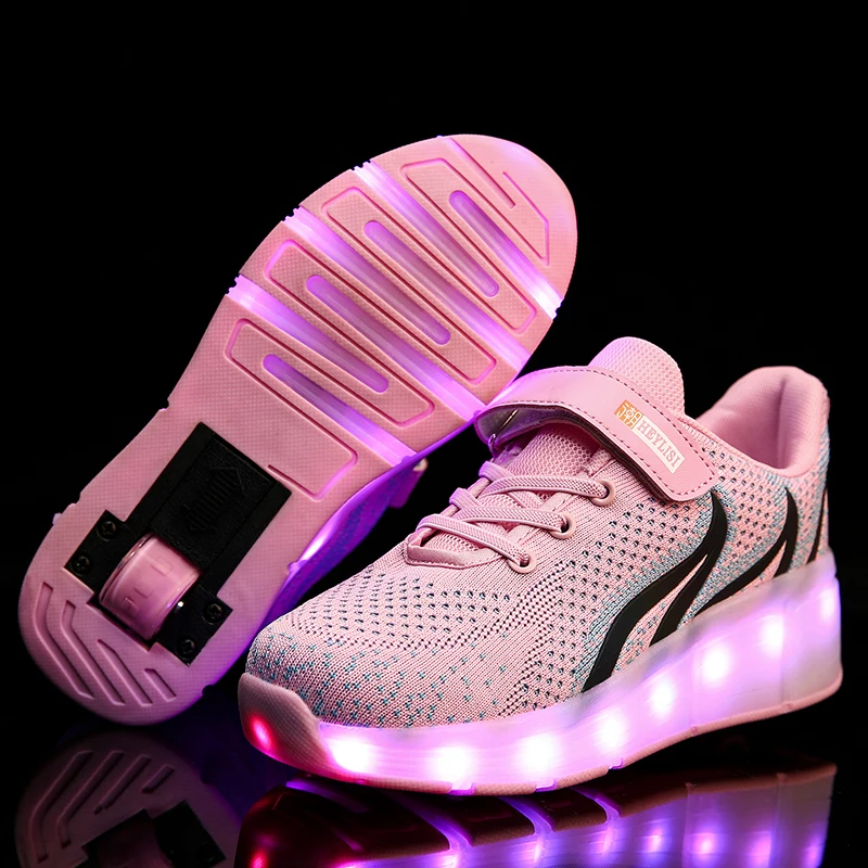 LED Light Up Tennis Sneakers Shoes with Wheels Children Boy Girl USB ...