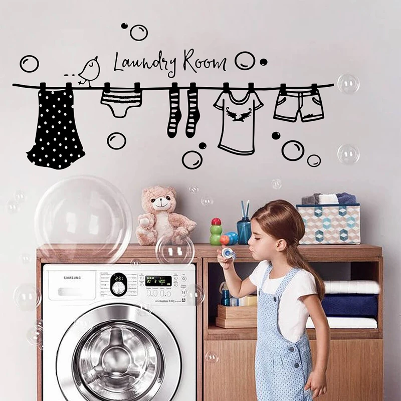 Large Laundry Drying Cloth Wall Sticker Washroom Wash Clothes Bird ...