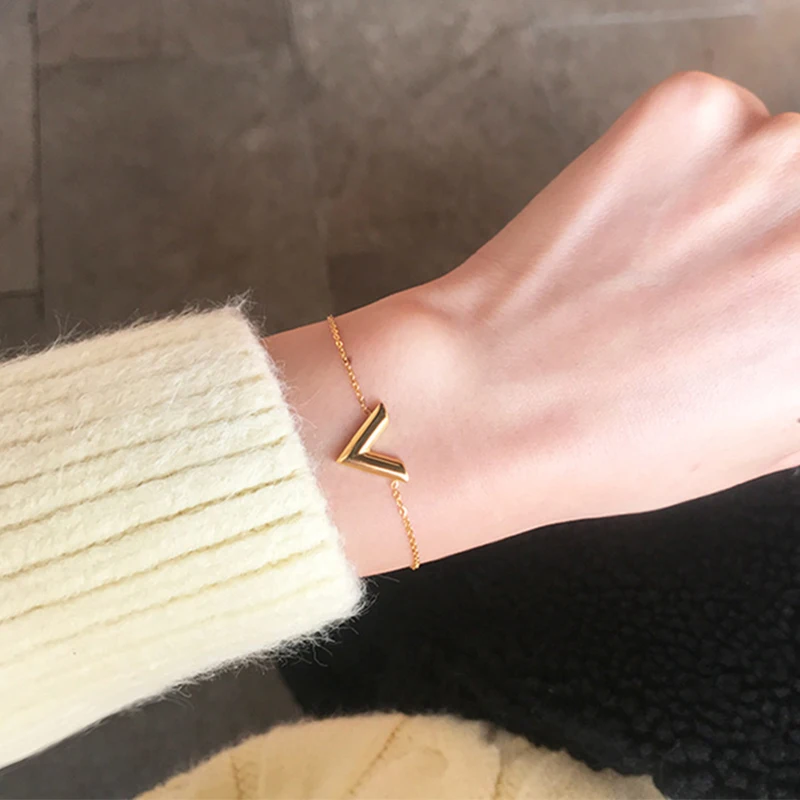 Stainless Steel Letter V Bracelets For Women Girl Gold Color Alphabet ...