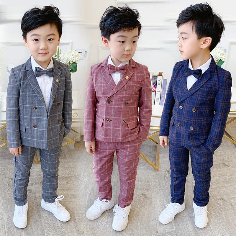 Flower Boys Formal Dress Suit Set Autumn Children Plaid Double Breasted ...
