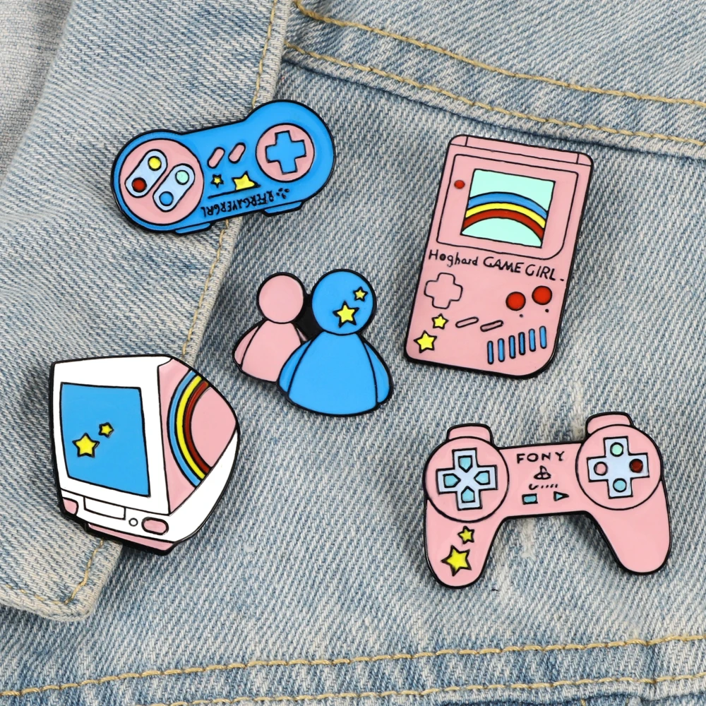 Pink Game Girl Enamel Pins Computer Display Gamepad Cartoon Brooch ...