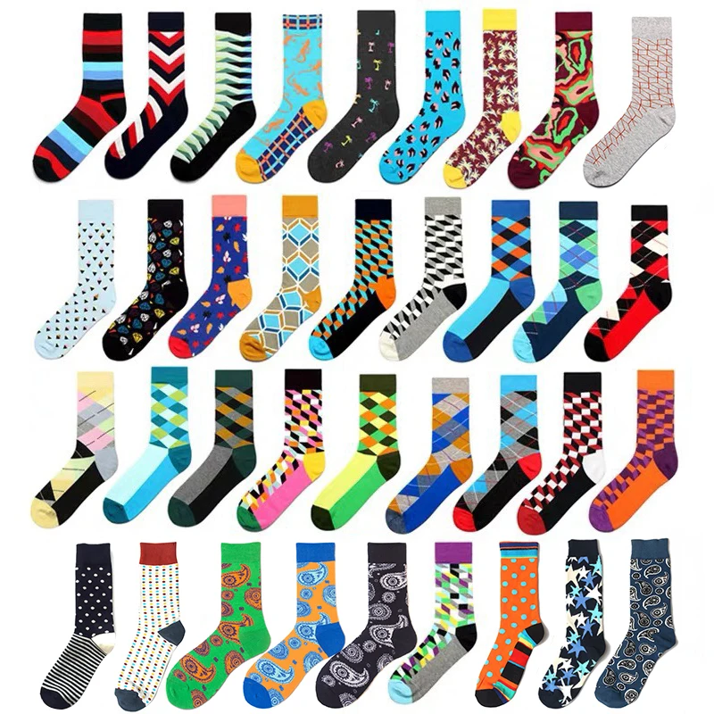 Classic Colorful Cotton Men's Socks Funny Geometric Plaid Striped Happy ...
