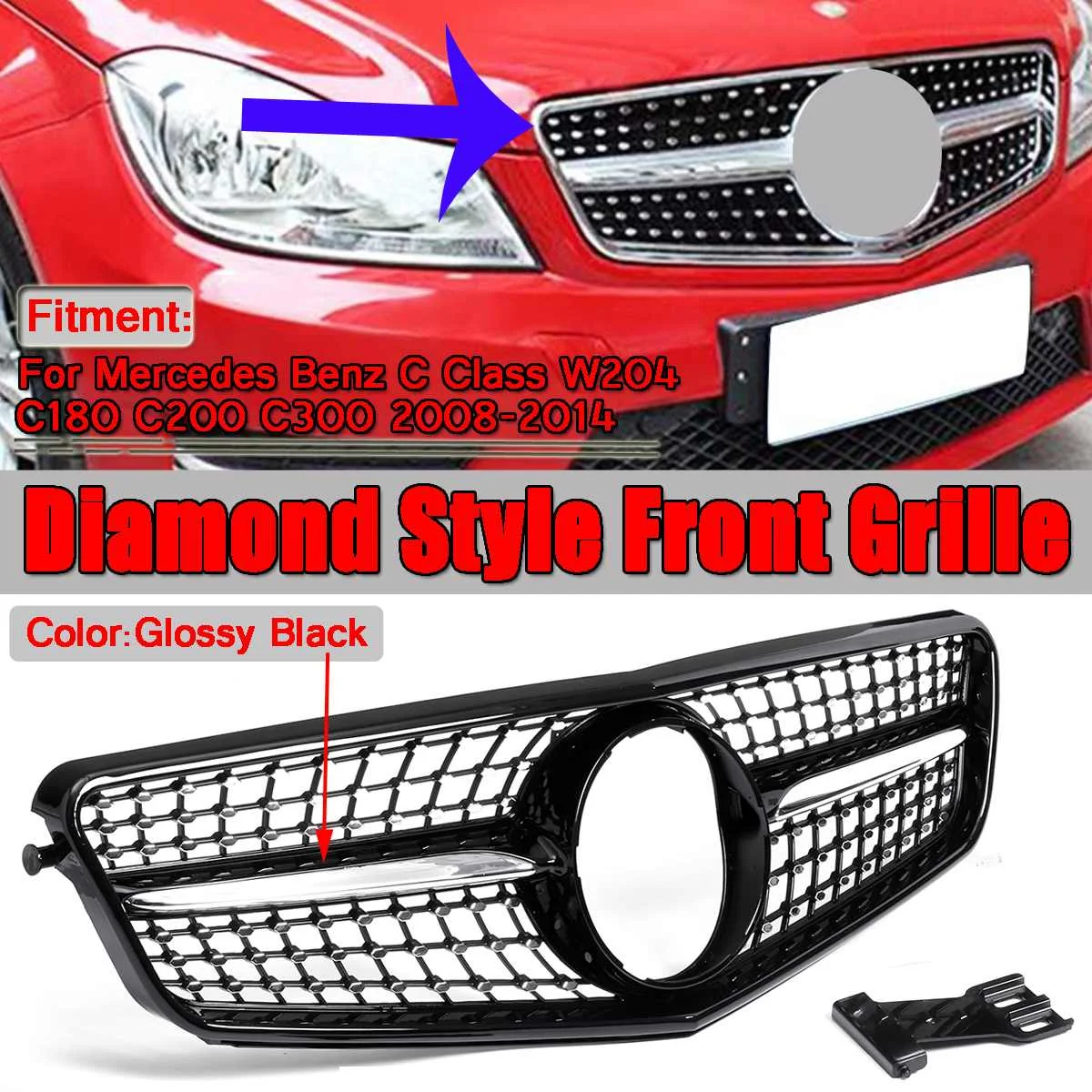 Black/chrome W204 Diamond Style Grille Car Front Bumper Grille Grill ...