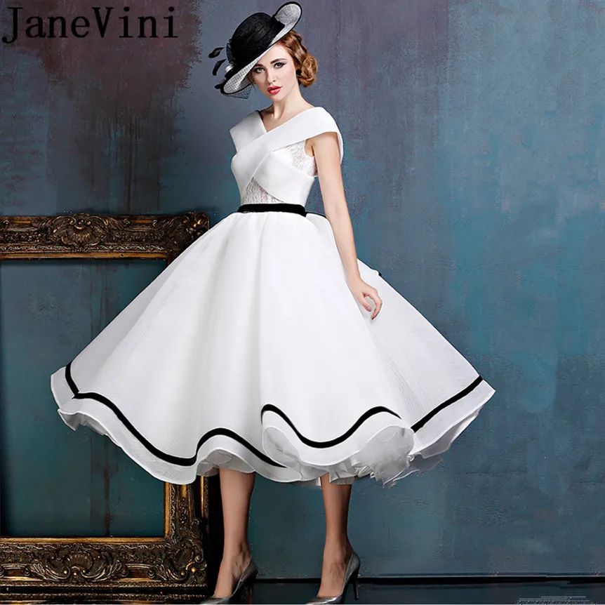 JaneVini-Vintage-French-White-Prom-Dresses-Tea-Length-Lace-Ruched-Women ...