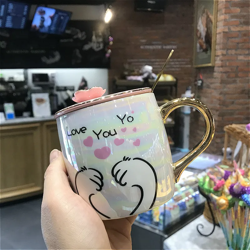 만화 귀여운 세라믹 커피 머그잔 맞춤형 북유럽 현대 크리에이티브 우유 머그잔 스푼 도자기 간단한 에스프레소 컵 Da60mk