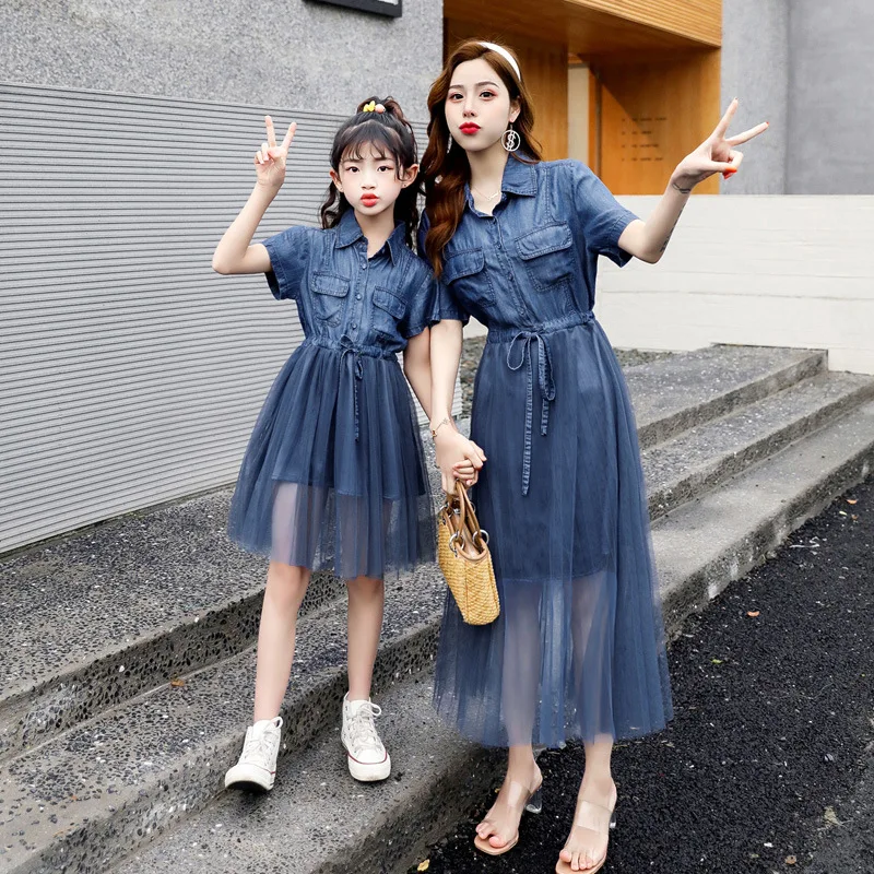 Summer Mother And Daughter Family Matching Outfits Blue Ties Ball Gown ...