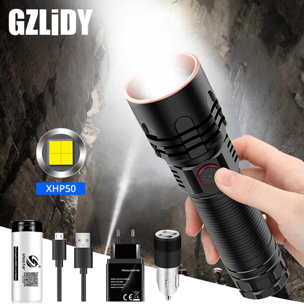 Linterna LED portátil potente XHP50, linterna táctica con 4 modos ...