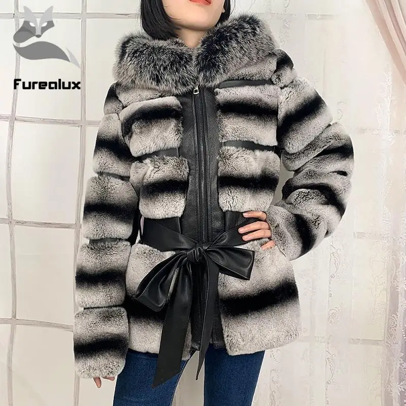 Furealux real rex casaco de pele de coelho com capuz pele natural senhoras casaco de inverno ...