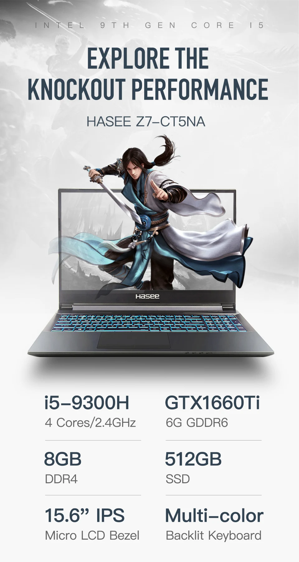 Hasee Z7 CT5NA Laptop for Gaming(Intel core I5 9300H+GTX1660Ti 6G GDDR6/8G RAM/512G SSD/15.6 ...