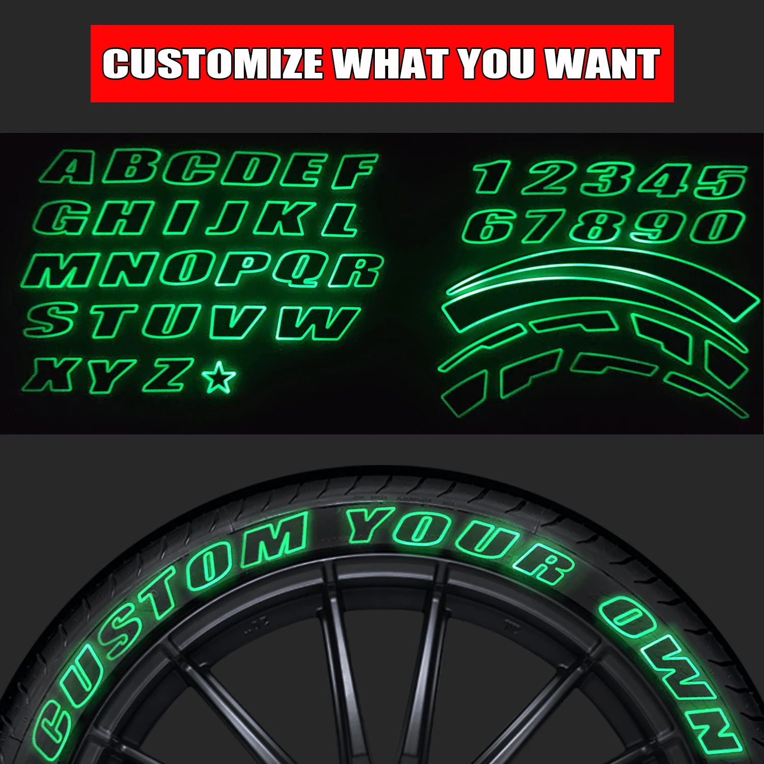 2.7cm Car Tire Outline Lettering Stickers Glow-in-the-dark Letters ...