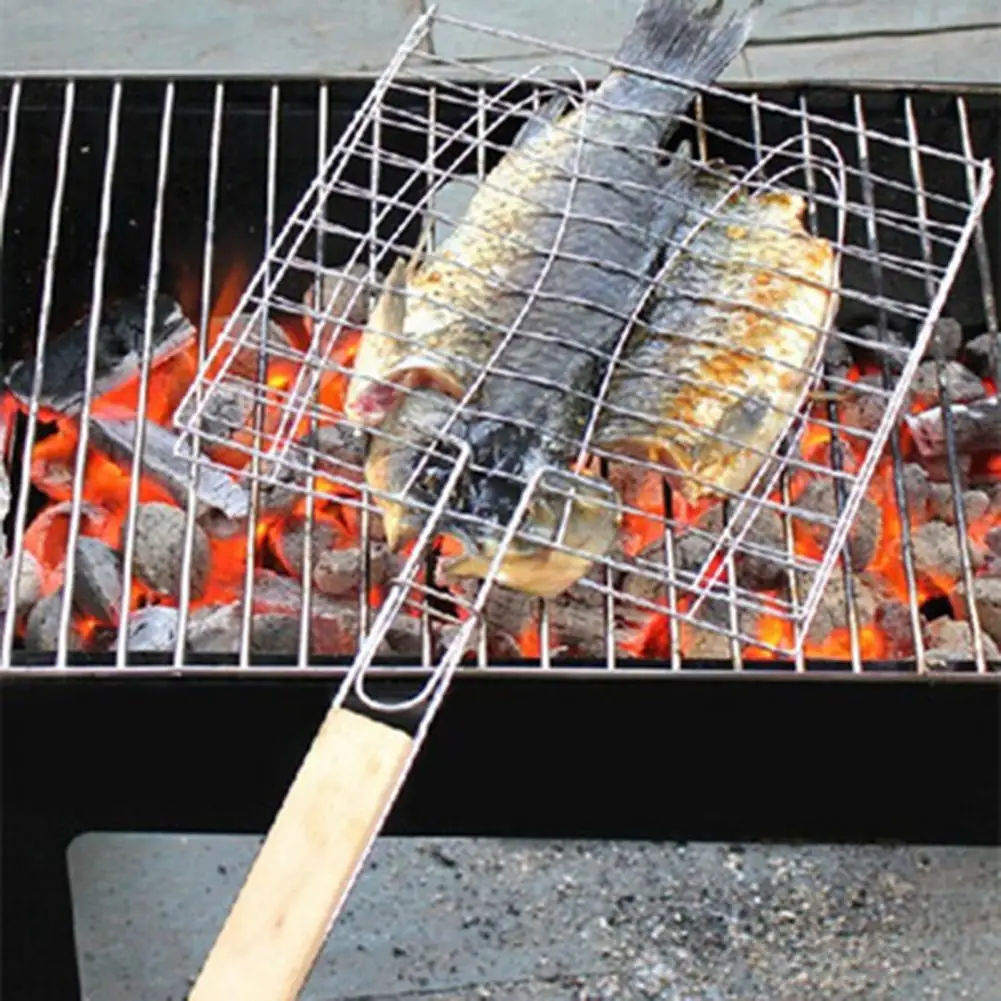 Stainless-Steel-BBQ-Grill-Net-Clamp-Classic-Fish-shaped-Long-Handle ...