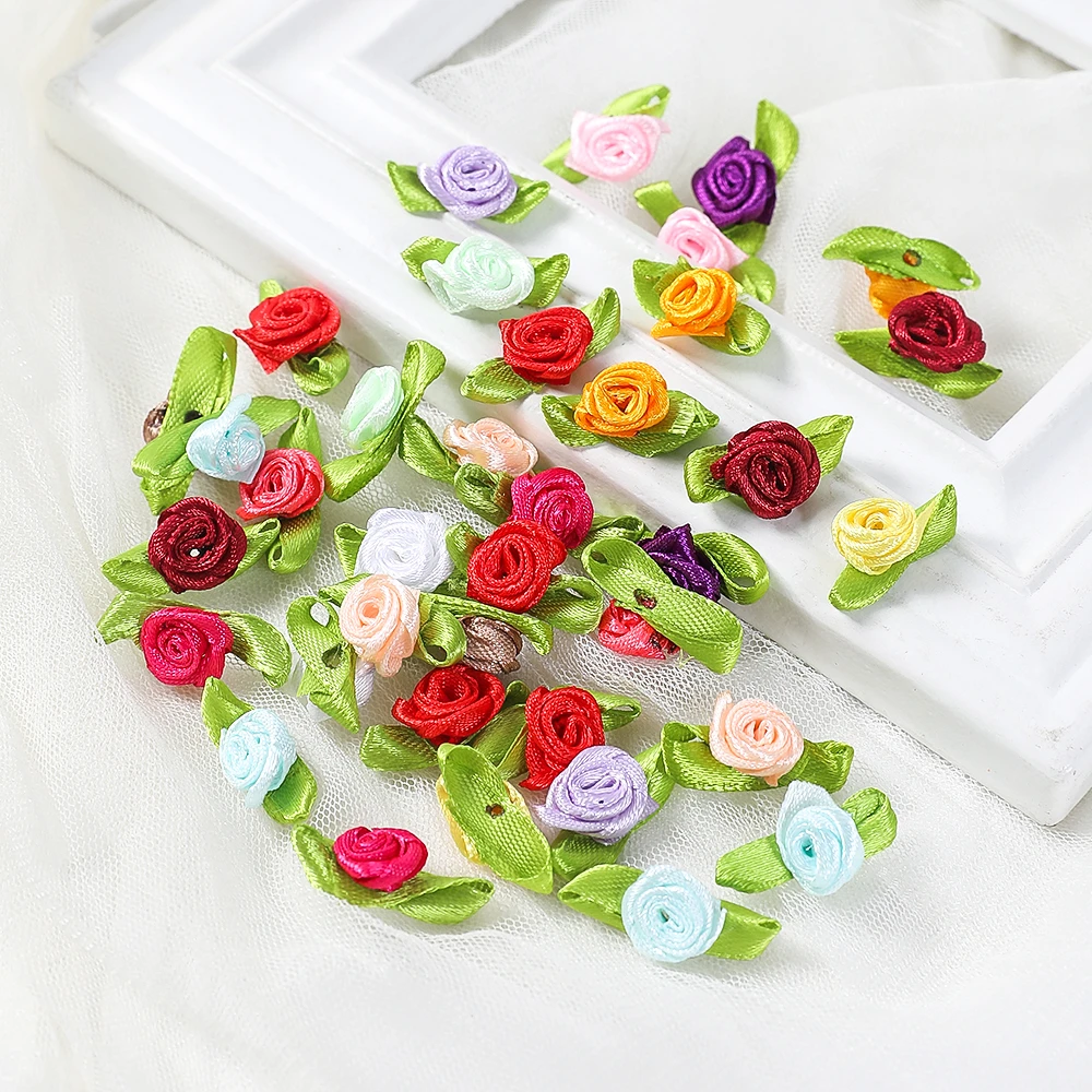 50 100pcs 2cm Mini Ribbon Roses With Leaf Satin Rose Buds Fabric ...