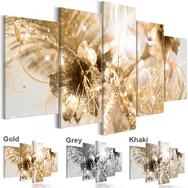 Modern 5 Panels Canvas Painting Shiny Flower Gold Color Poster Living ...