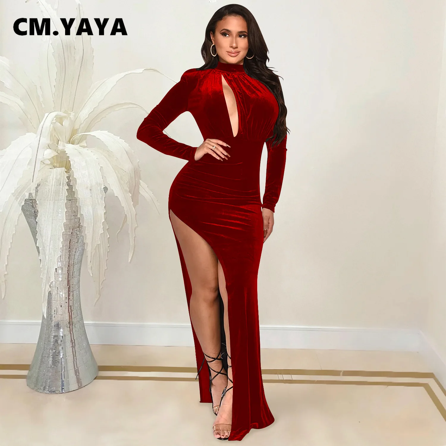 CM.YAYA Women Velvet High Side Slit Cut Out Front Long Sleeve Maxi ...