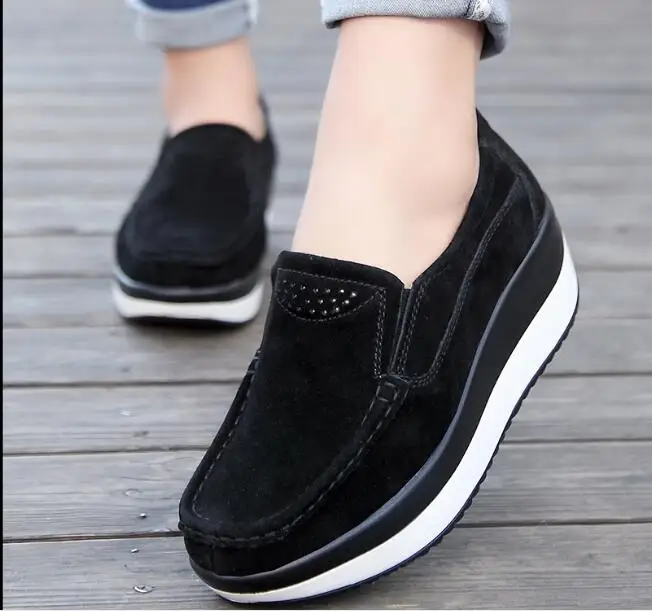 Zapatos planos de plataforma para mujer, zapatillas informales de cuero de gamuza, sin cordones ...