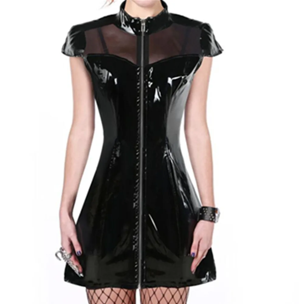Sexy Mesh See Through Vinyl PVC Leather Mini Dress Women Slim Wetlook ...
