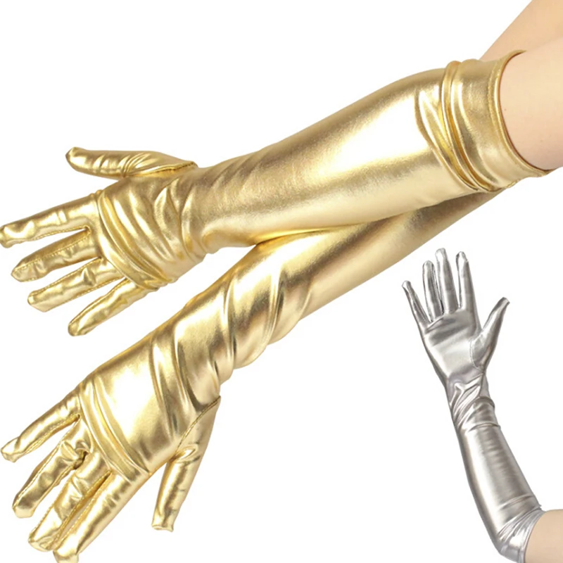Ladies Gold Silver Fake Leather Metallic Gloves Evening Party ...
