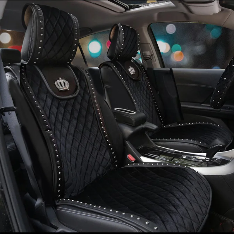 Winter Plush Car Seat Cover Diamond Crown Rivets Auto Seat Cushion ...