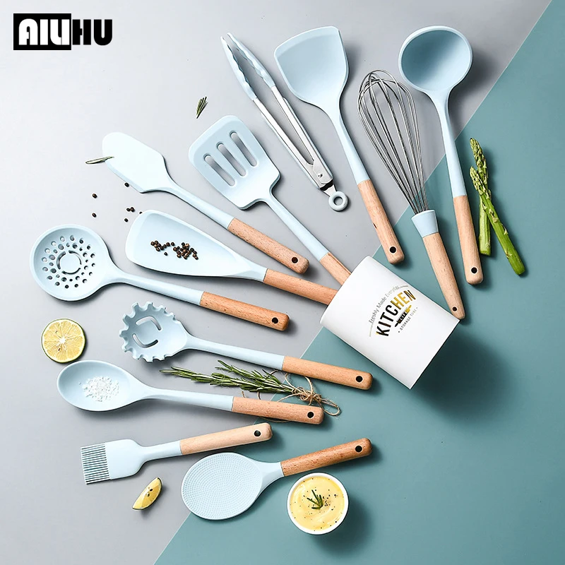 Morandi Blue Silicone Kitchenware Cooking Utensils Heat Resistant ...