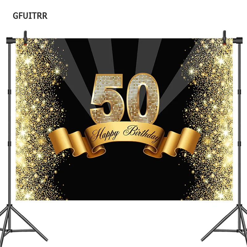 GFUITRR Happy 50th Birthday Photography Backdrop Gold Glitter Dots ...