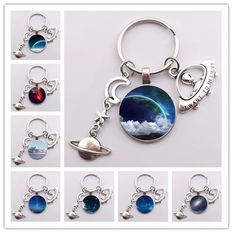 2020-New-Space-Galaxy-Glass-Keychain-Saturn-charm-moon-keychain-UFO-key ...