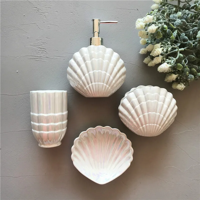 Ceramic Shell Shape Bathroom Accessory Set Washing Tools Bottle ...