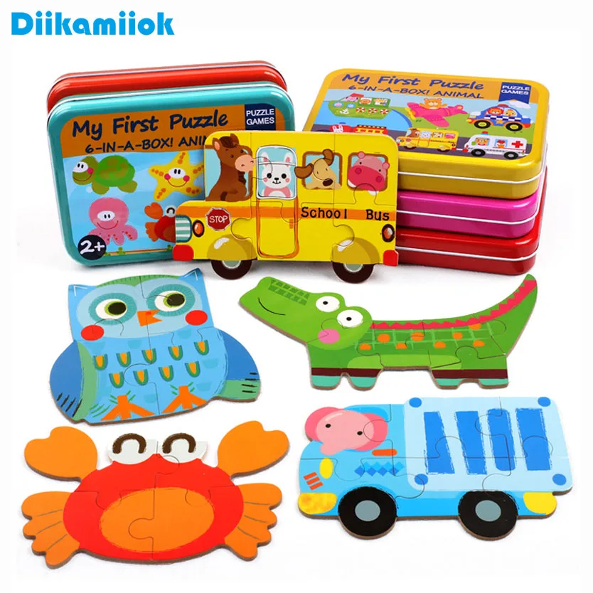 6 Piece/box Large Size Wooden Puzzles Baby Animal And Traffic Vehicle ...