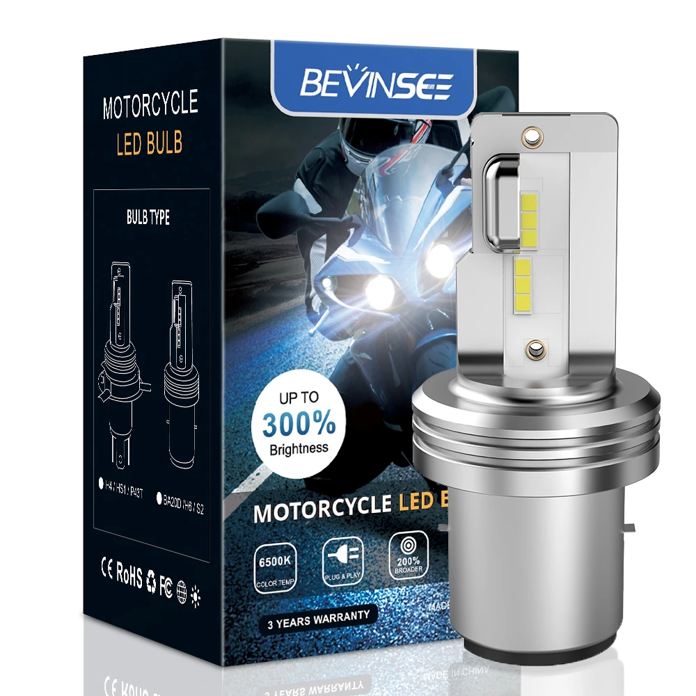 Bevinsee Ba20d Led Motorcycle Headlight H4 Led Moto Bulbs 12v 3000lm 36w 6000k White High Low ...