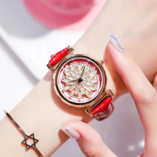 Creative Rotation Flower Women Watches Luxury Diamand Rose Gold Clock ...