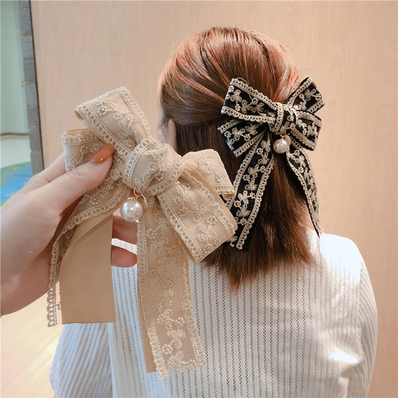 Korean Fabric Big Bow Spring Clip Lady Lace Embroidery Hair Clip ...